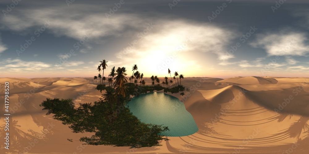 Oasis at sunset in a sandy desert. Environment map. HDRI . equidistant ...