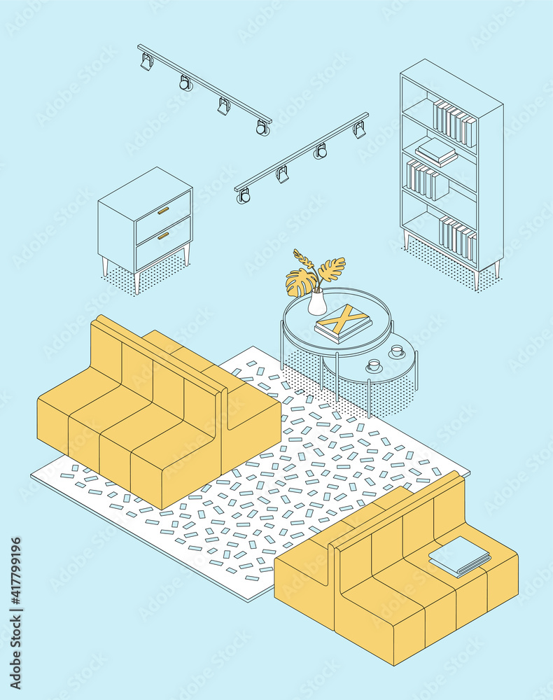 Modern isometric lobby, living room. Vector illustration in flat design ...