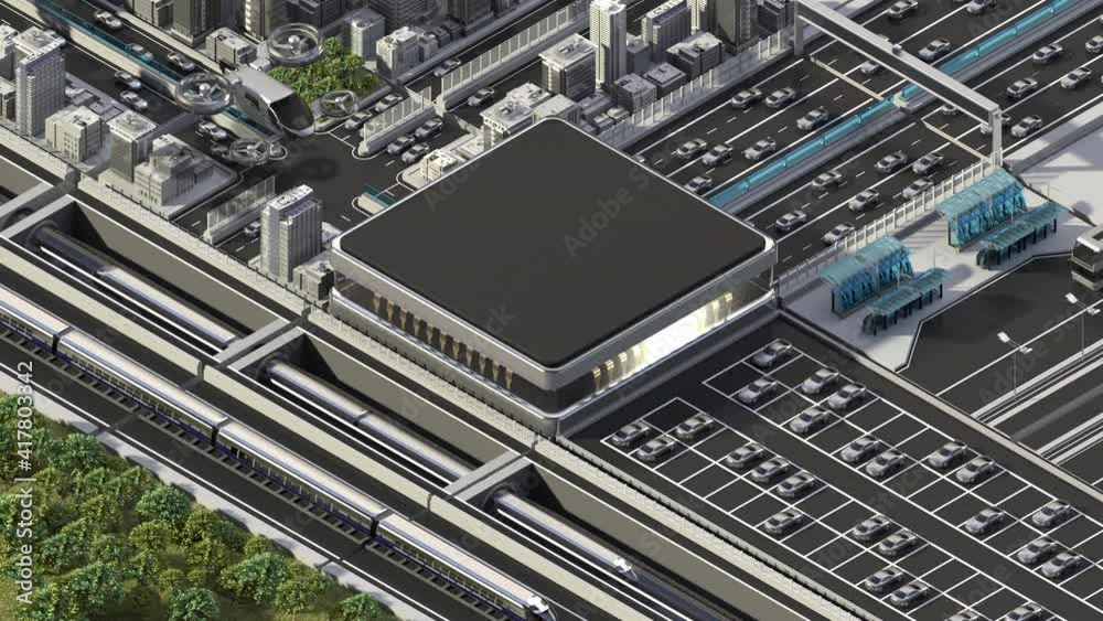 Traffic in a city controlled by cpu chip, Smart city concept with an AI ...