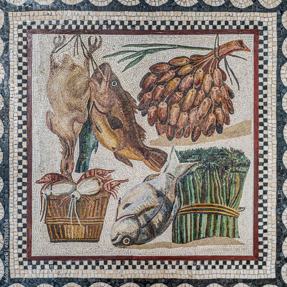 Ancient Roman Art, Fish and Vegetables Hanging Up in a Cupboard, still ...