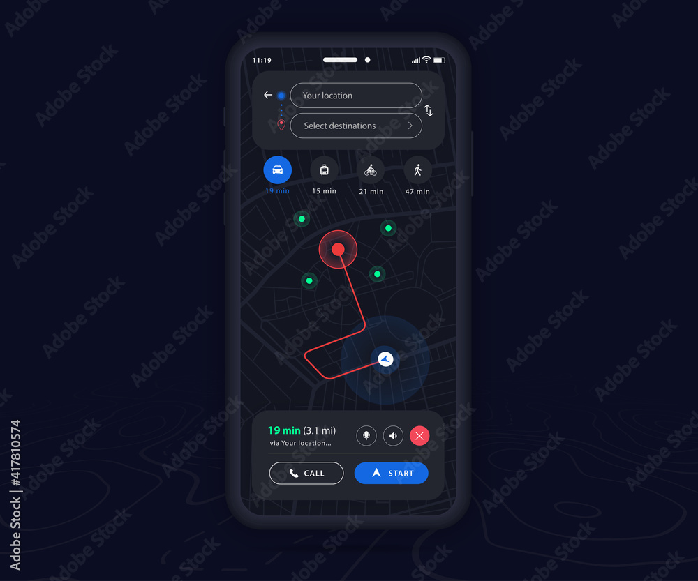Smartphone map GPS navigation app dark mode ux ui concept, Mobile map ...