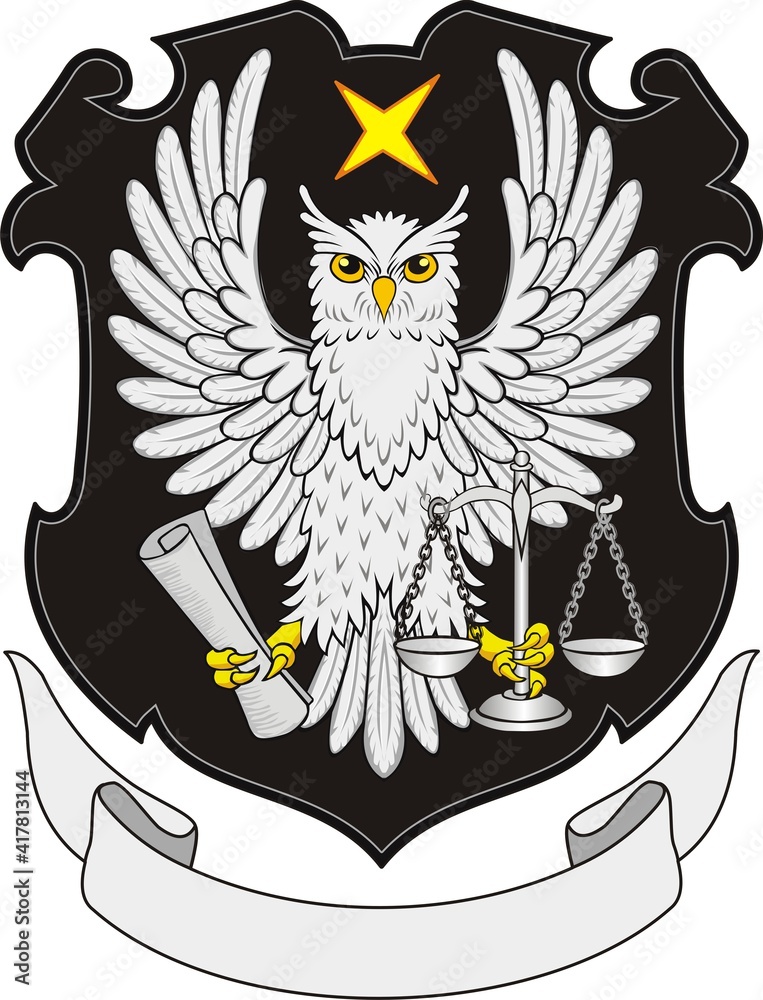 The owl is gray on a black coat of arms with a ribbon under it. Vector ...