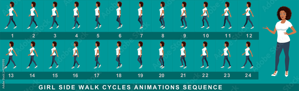 Vetor de Girl Character side Walk Cycle Animation Sequence. Frame by ...