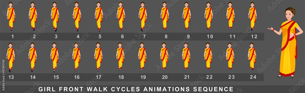 Girl Character Front Walk Cycle Animation Sequence. Frame by frame ...