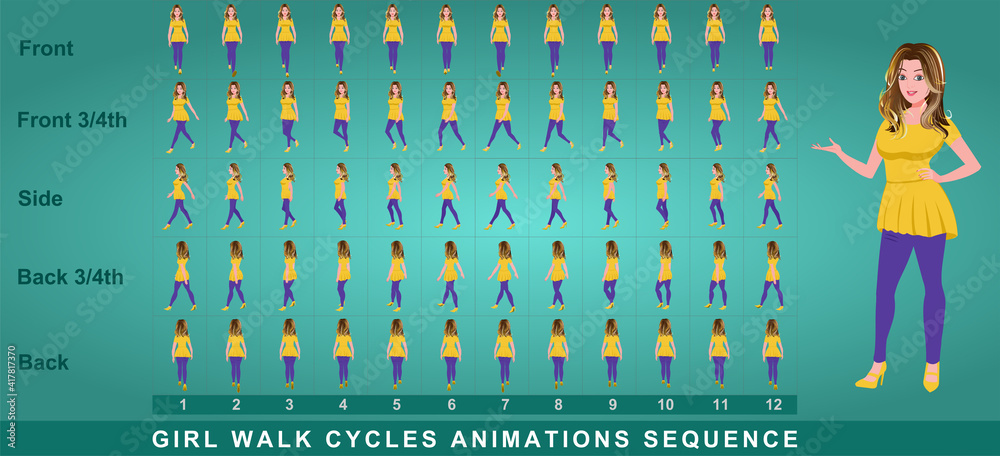 Vetor de Girl Character Front Walk Cycle Animation Sequence. Frame by ...