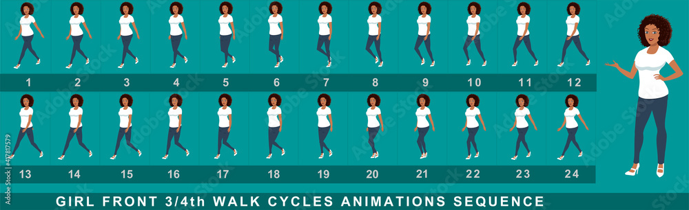 Fototapeta Girl Character Front Walk Cycle Animation Sequence. Frame by ... Fototapeta Girl Character Front Walk Cycle Animation Sequence. Frame by ...