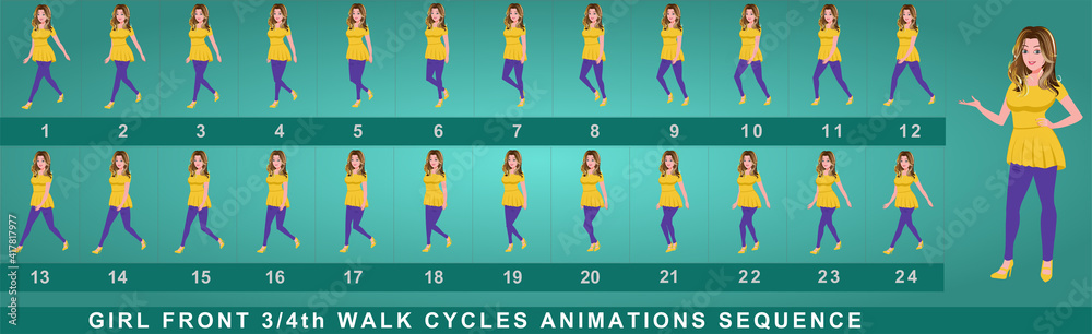 Girl Character Front Walk Cycle Animation Sequence. Frame by frame ...