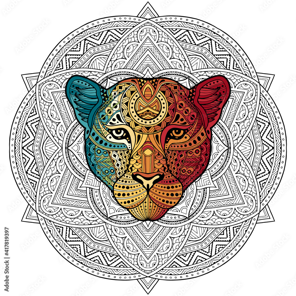 Vecteur Stock Patterned leopard head in the zentangle style of a white ...