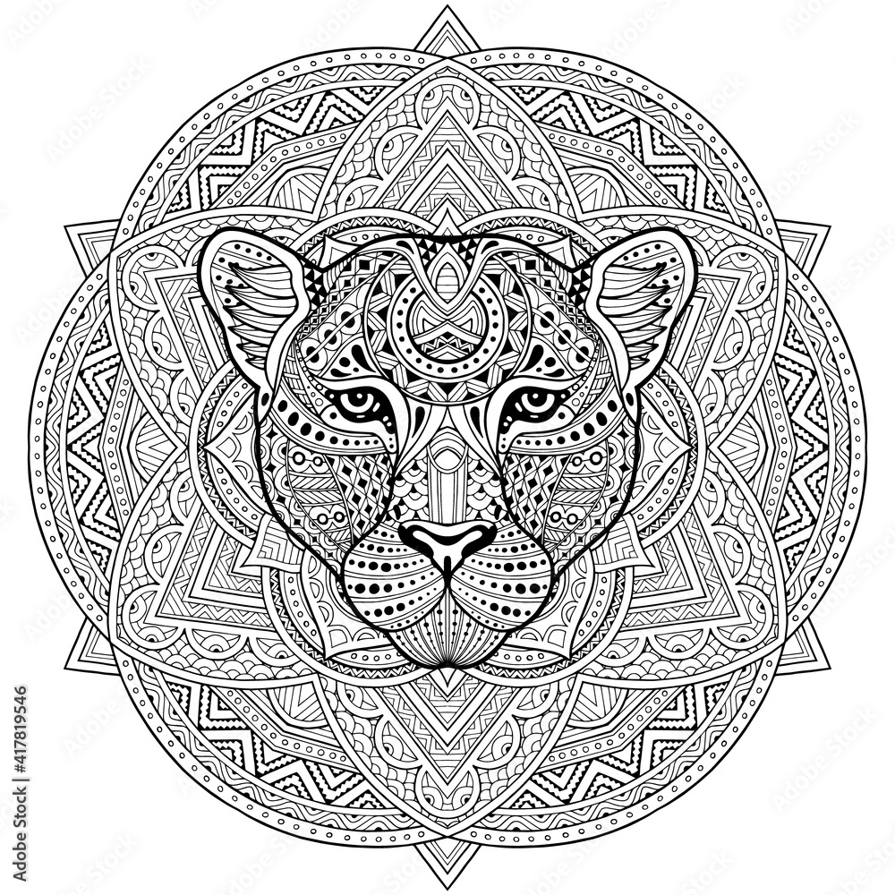 Patterned leopard, puma, panther, cat head in the zentangle style of a ...