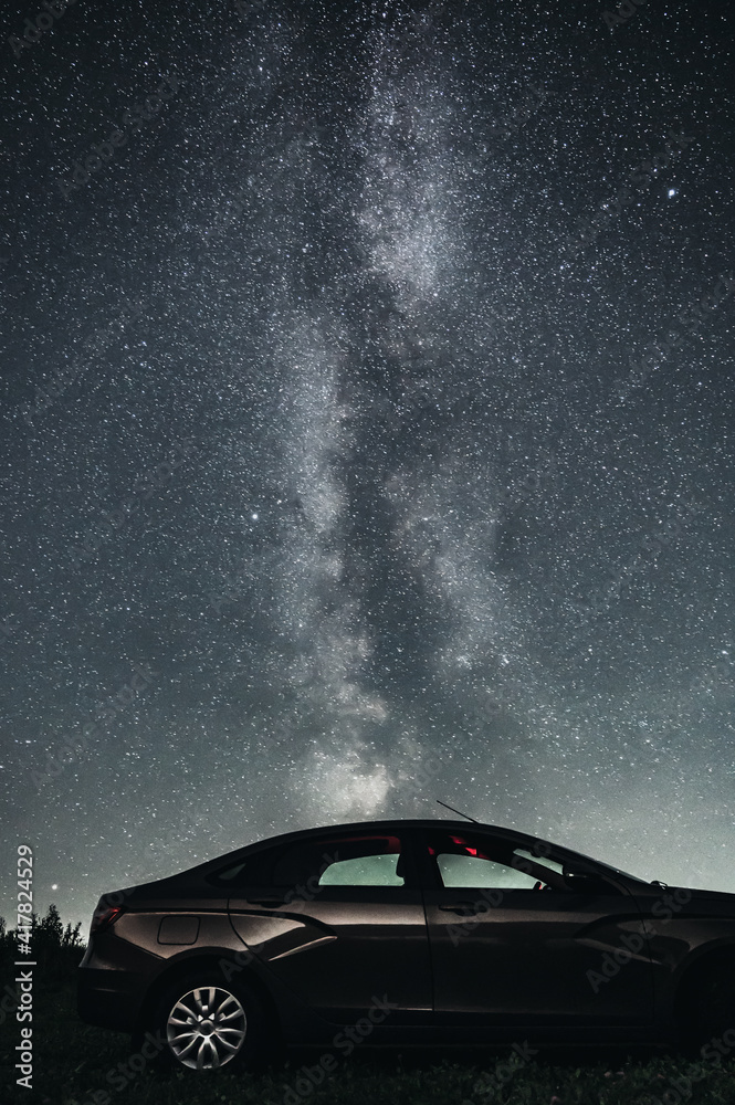 Silhouette of Car under beautiful night sky with stars and amazing ...