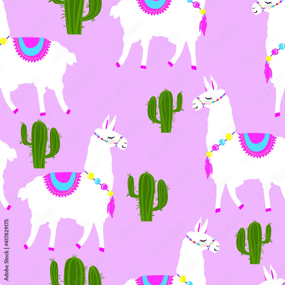 Seamless pattern with a cute lamma and cactus. Pink Background for ...