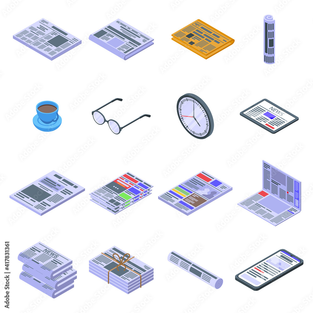 Newspaper icons set. Isometric set of newspaper vector icons for web ...
