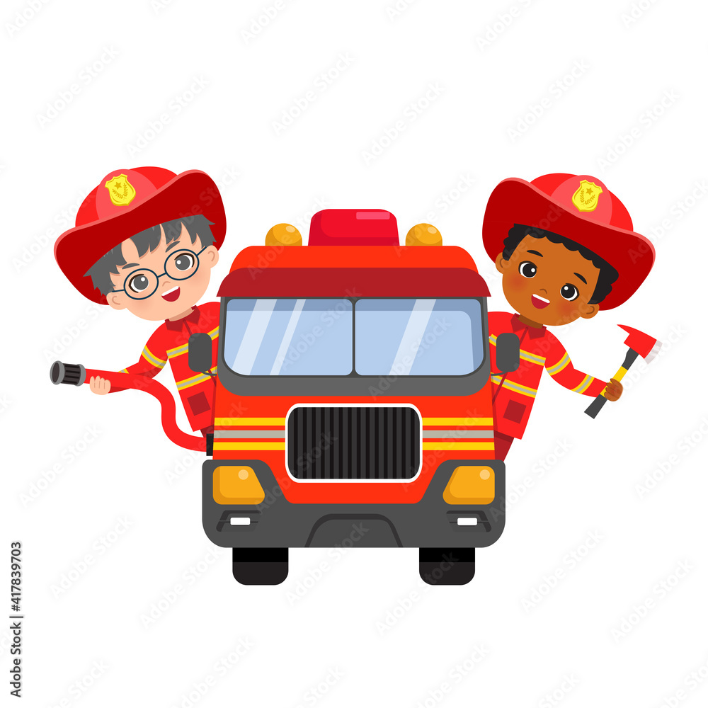 Cute fire fighter boys riding fire truck with hose and axe. Flat vector ...