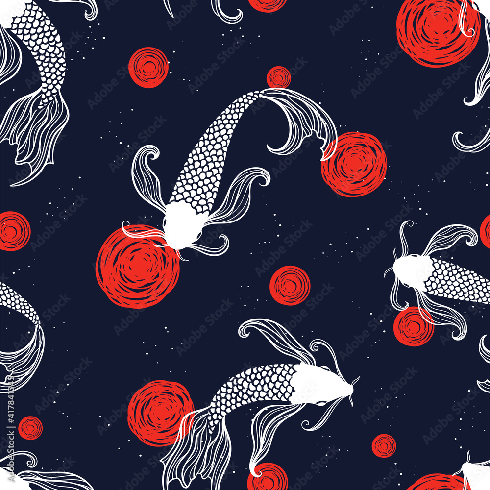 Elegant hand drawn koi fish seamless pattern, japanese background ...