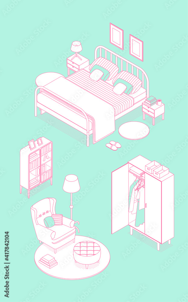 Isometric bedroom, dressing room, reading nook. Vector illustration in ...