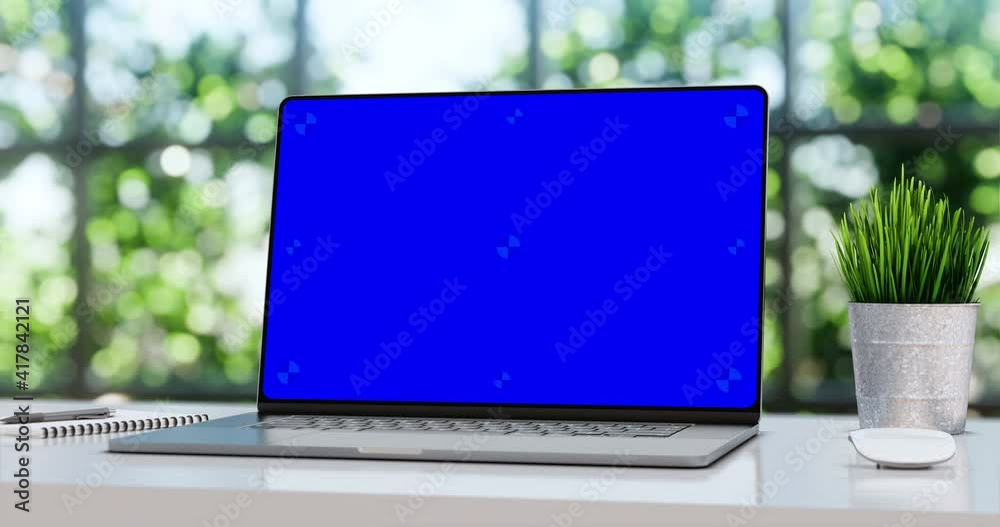 Modern laptop with blank frameless screen, smooth rotation around ...