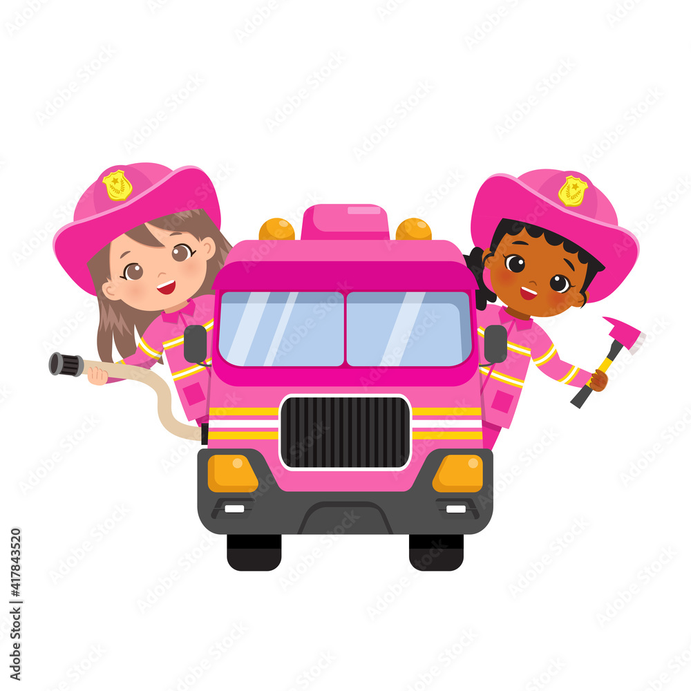 Cute fire fighter girls in uniform riding fire truck. Flat vector ...