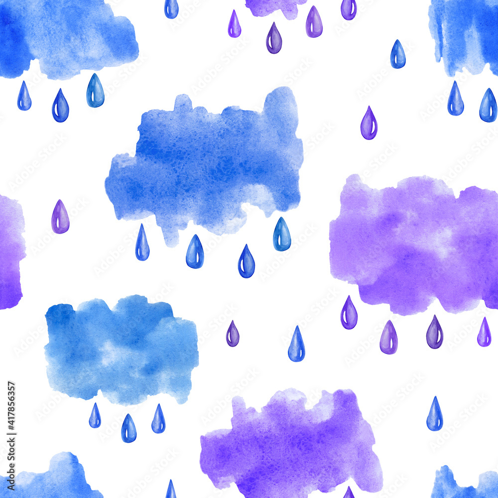 Clouds and raindrops repeat seamless pattern. Watercolor and digital ...