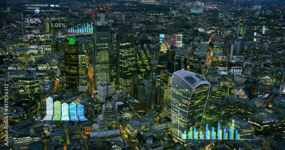 Futuristic aerial skyline of London with stock exchange figures ...