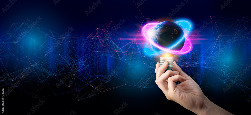 Concept of creative thinking ideas and innovation.Hand holding earth ...