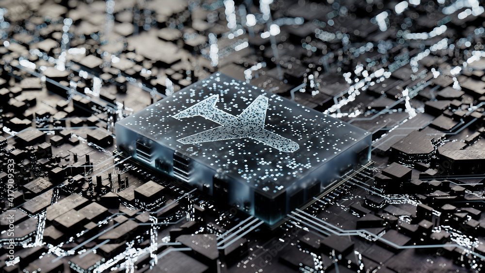 Flight Technology Concept with airplane symbol on a Microchip. Data ...