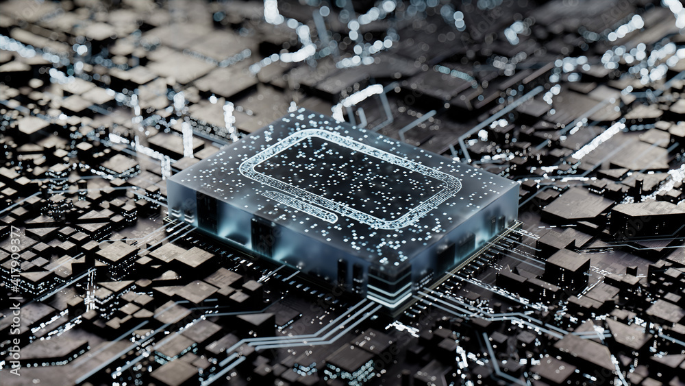 Display Technology Concept with Monitor symbol on a Microchip. Data ...