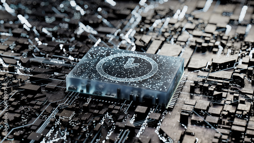 Time Technology Concept with clock symbol on a Microchip. Data flows ...