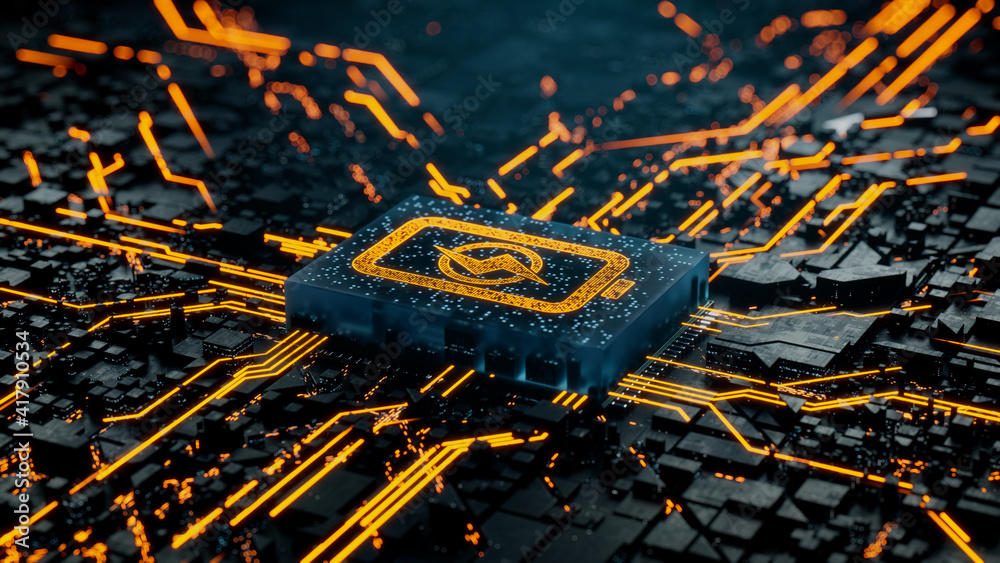 Energy Technology Concept with battery symbol on a Microchip. Data ...