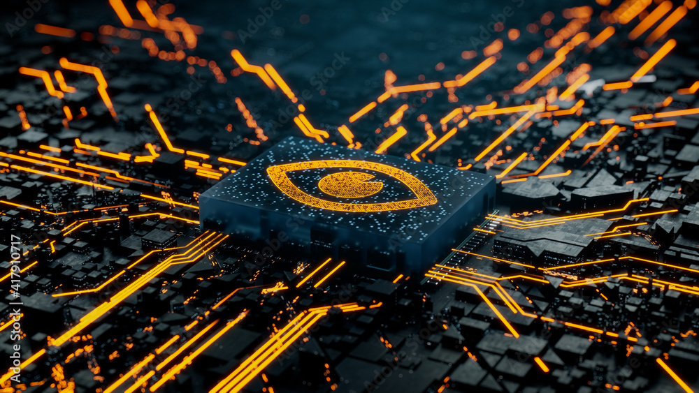 Vision Technology Concept with eye symbol on a Microchip. Data flows ...