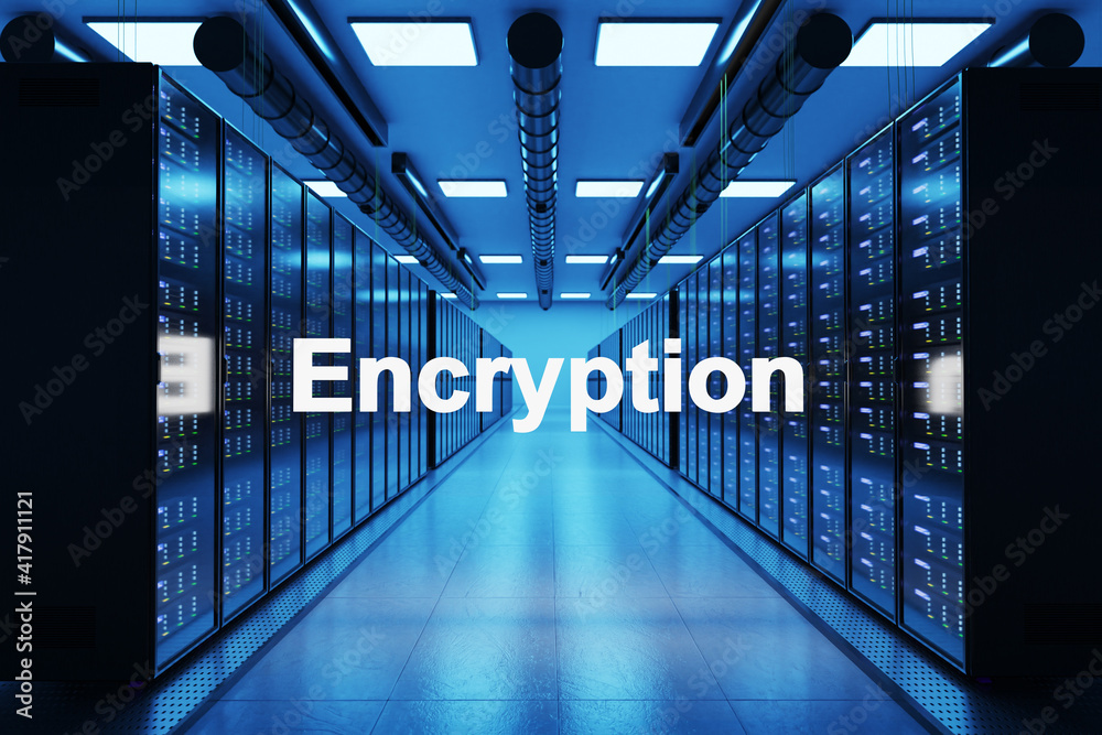 encryption logo in large modern data center with multiple rows of ...