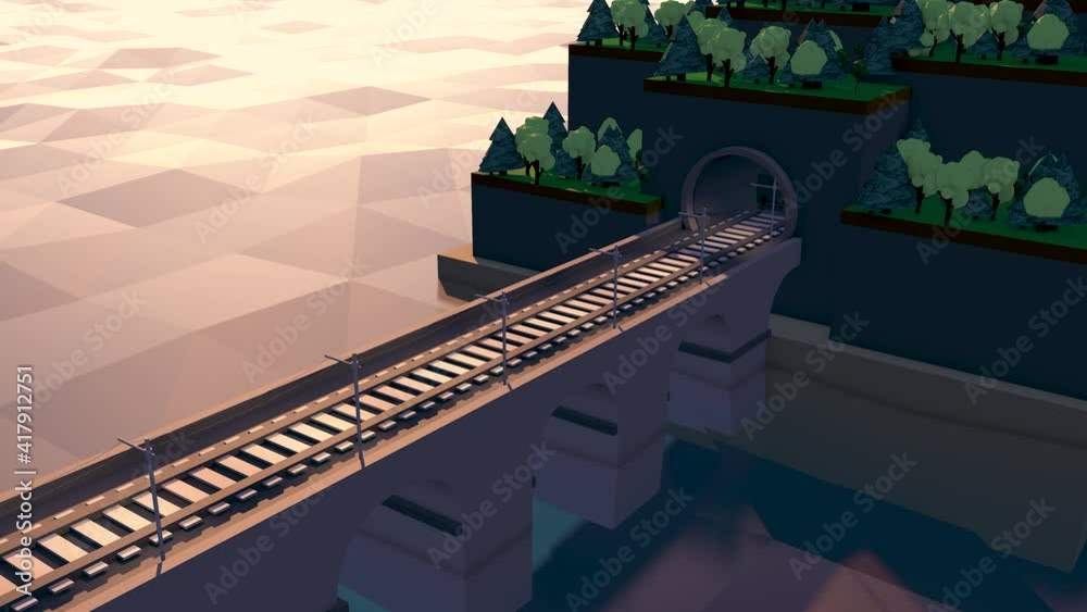 Digital animation of train carrying trees across the bridge to the ...