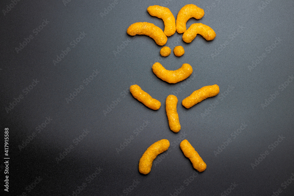 Cheese puffs, stick figure, flat lay, Cheese Doodle Day, matchstick ...