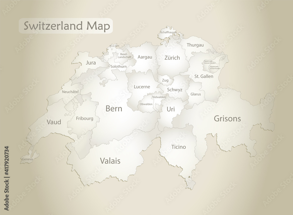 Switzerland map, administrative division with names, old paper ...