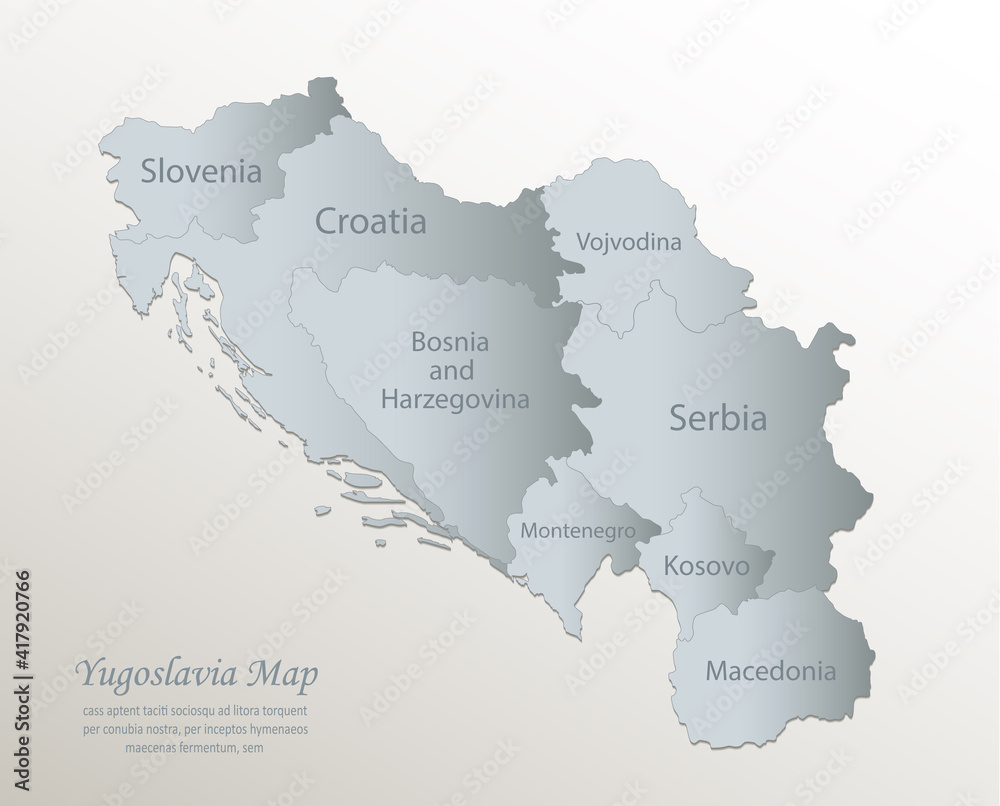 Yugoslavia map, administrative division with names, white blue card ...