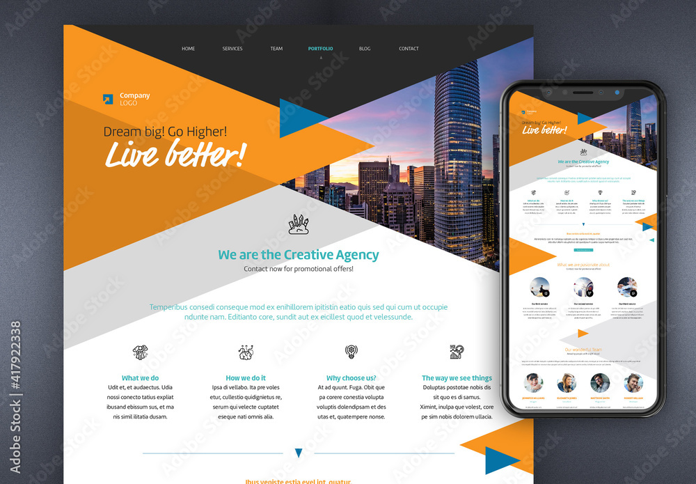Website Layout with Orange and Blue Accents Stock Template | Adobe Stock