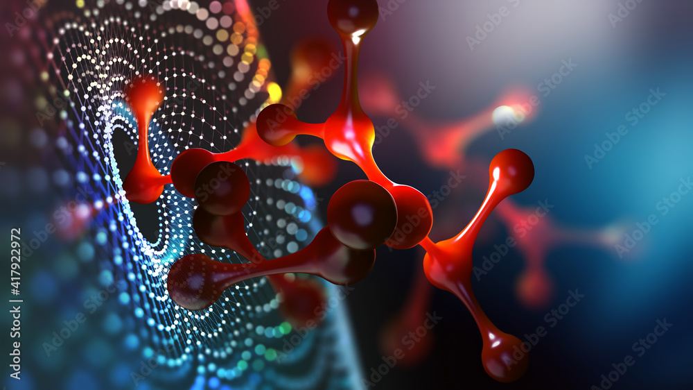 Molecule 3D illustration. Computer simulation and laboratory ...