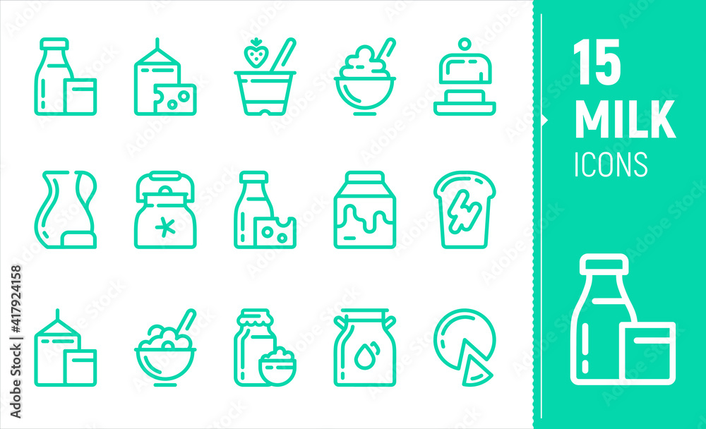 Set of contour milk icons, flat icons, milk bag, jug, butter, cottage ...