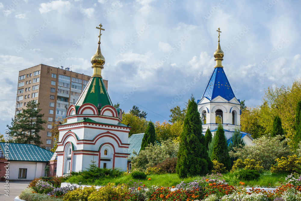 Colorful chapels of Kizichesky monastery, Kazan, Russia. Blooming ...