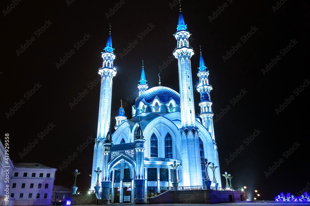 Facade of Kul Sharif Mosque on winter night background. This is one of ...