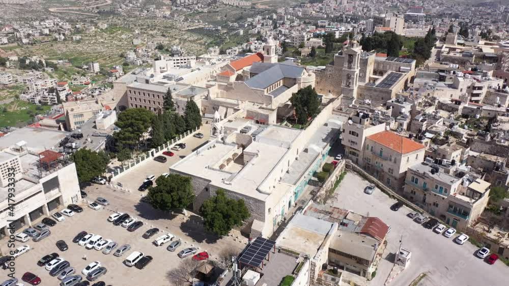 Aerial view over Church of the Nativity And City Square Of Bethlehem ...