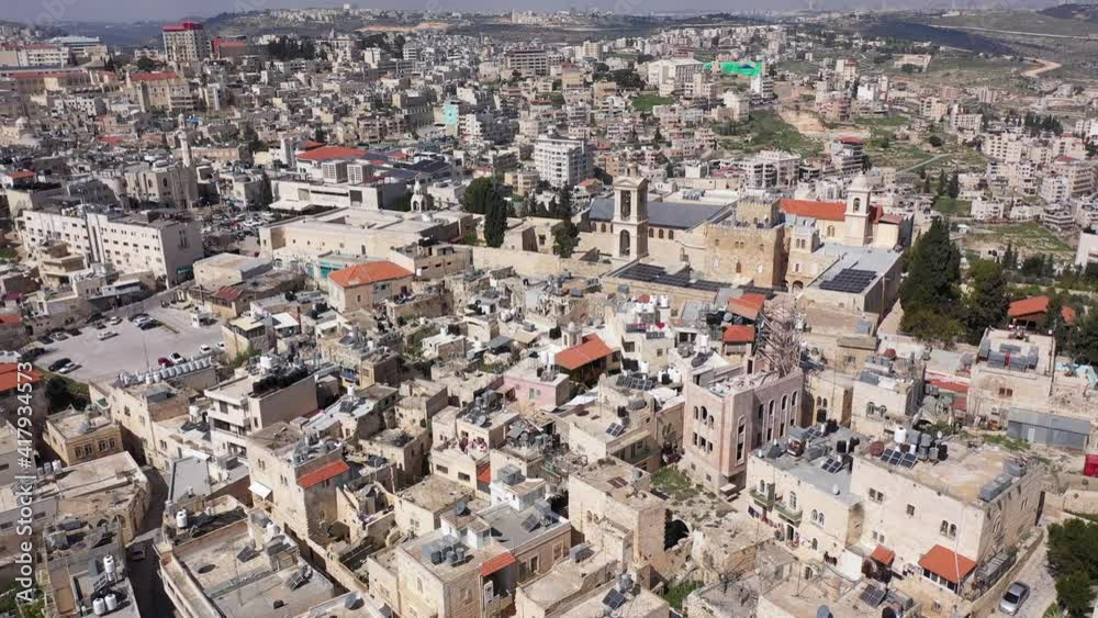 Aerial view over Church of the Nativity And City Square Of Bethlehem ...