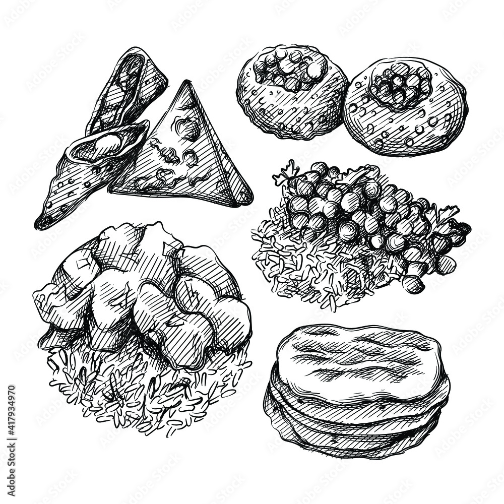 Hand drawn sketch set of Indian cuisine. Indian tortillas, Paneer ...