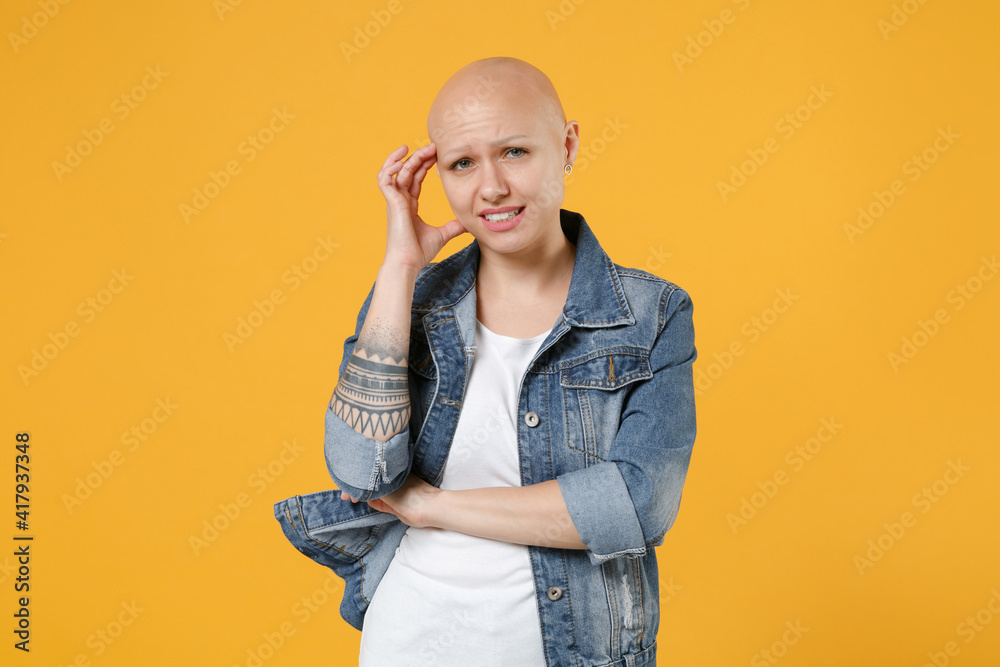 Young bald caucasian pensive thoughful troubled worried woman 20s ...