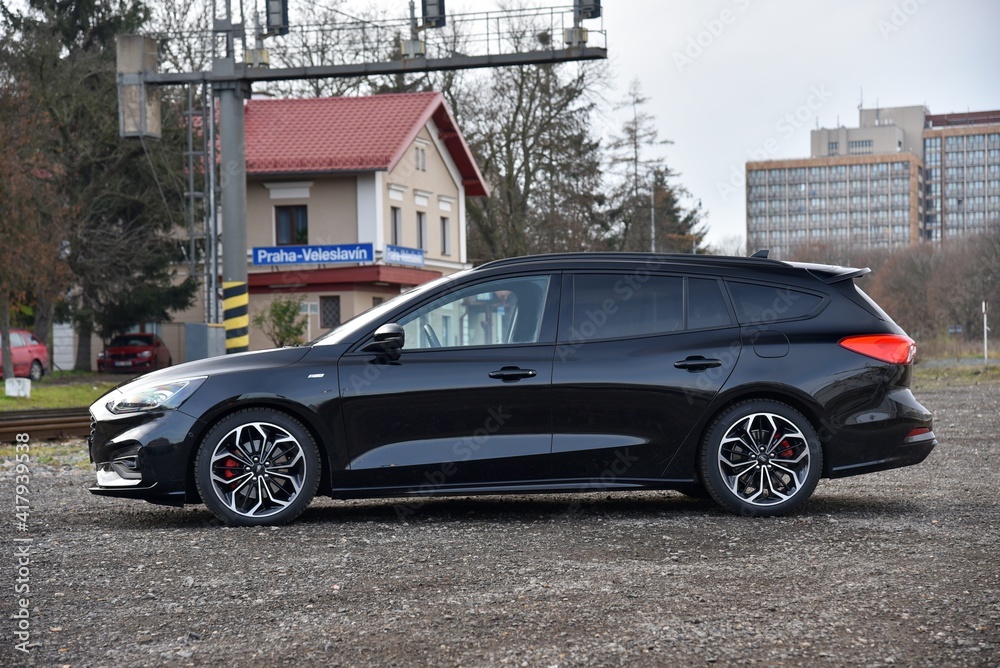 Ford Focus ST-Line EcoBoost hybrid. Side view of a car. 12-08-2020 ...