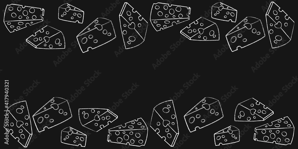 Delicious cheese background on black chalkboard. Hand drawn vector ...