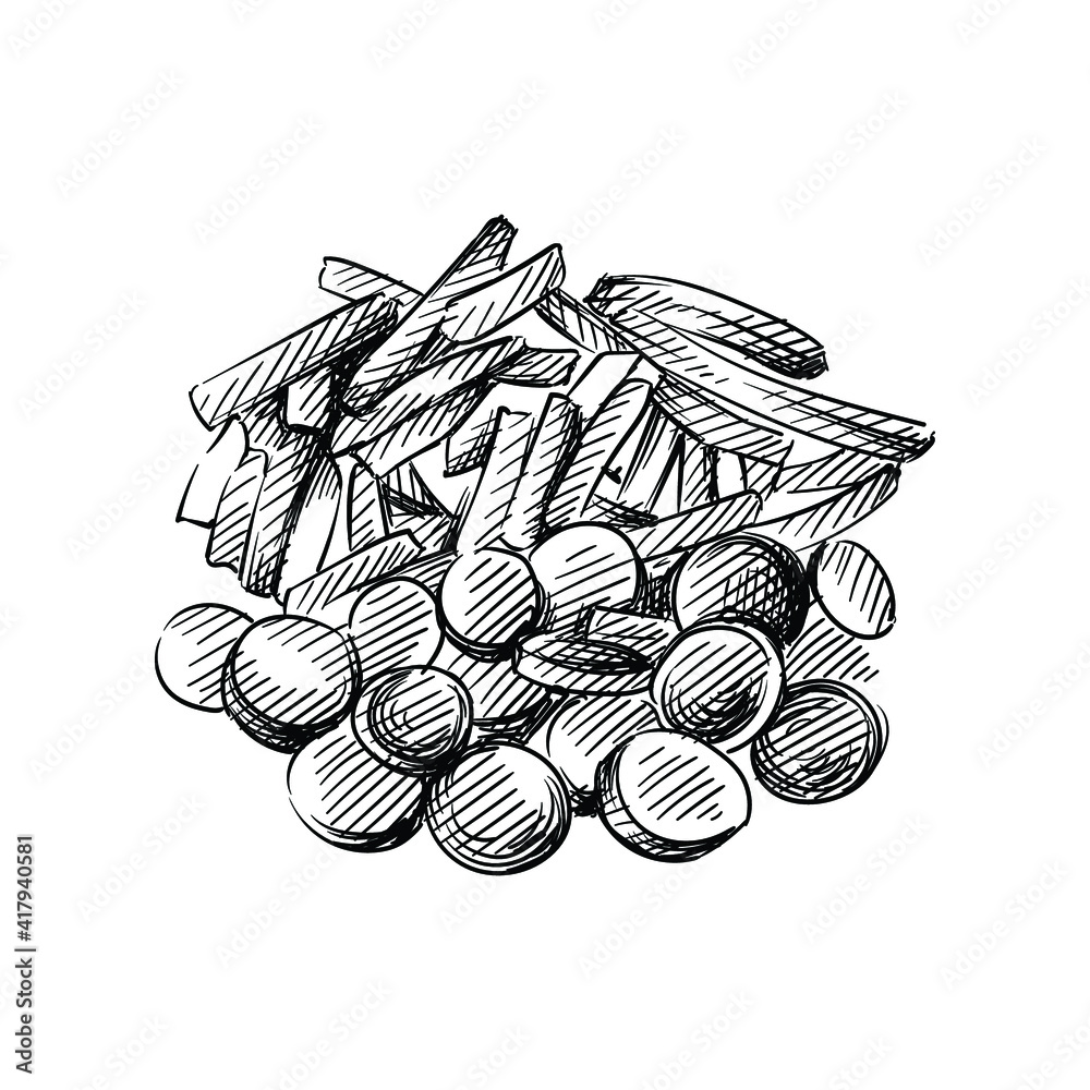 Hand drawn sketch of German Currywurst on a white background. German ...