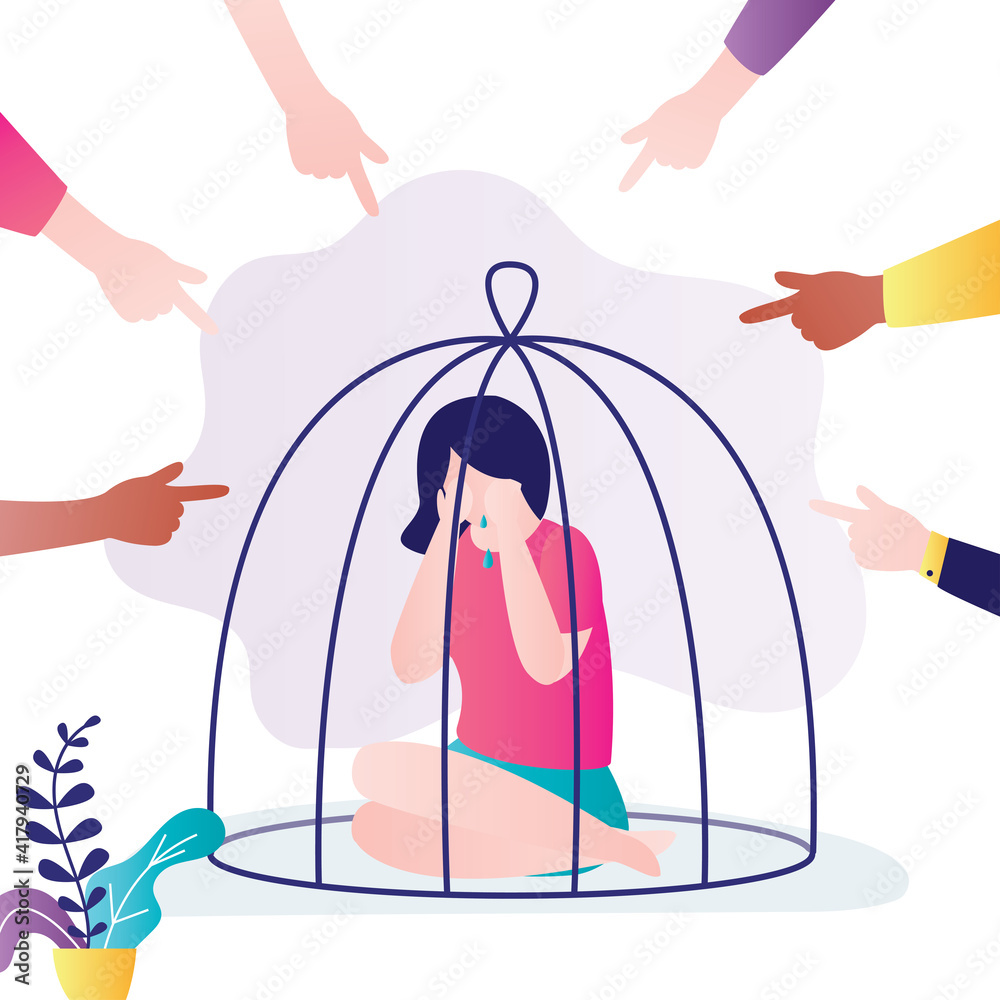 Unhappy female character locked in cage. Fingers pointing on sad ...