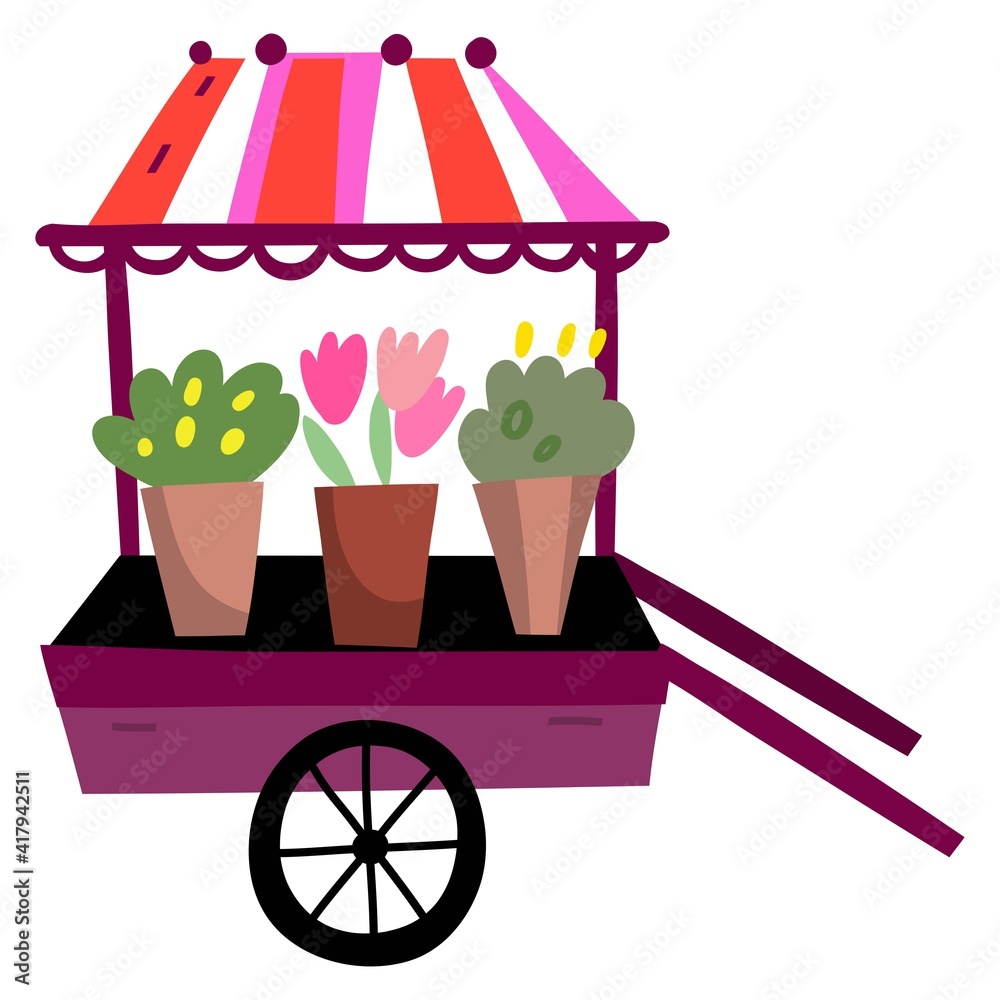 Vector Illustration of flower cart with tulips . Vector image isolated ...