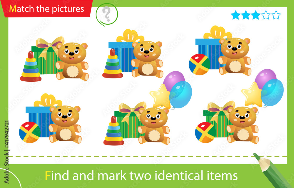 Find and mark two identical sets. Puzzle for kids. Matching game ...