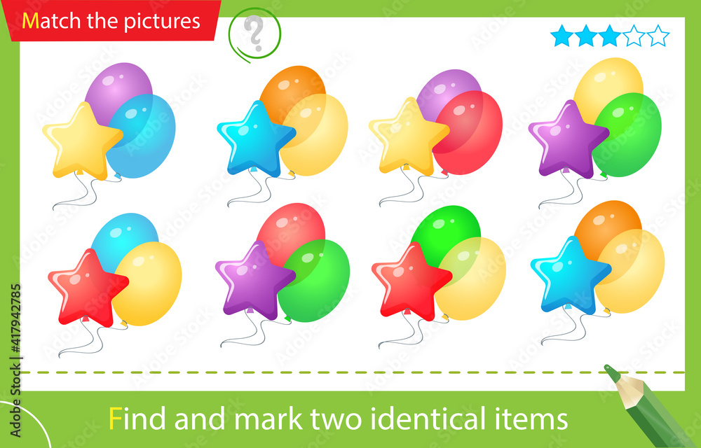 Find and mark two identical sets. Puzzle for kids. Matching game ...